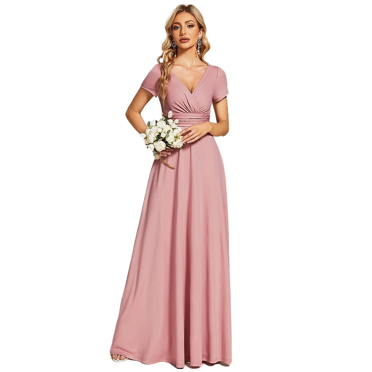 Ever-Pretty Women's Formal Dress Ruched Waist V Neck A Line Bridesmiad Dress with Sleeves Dusty Rose US8
