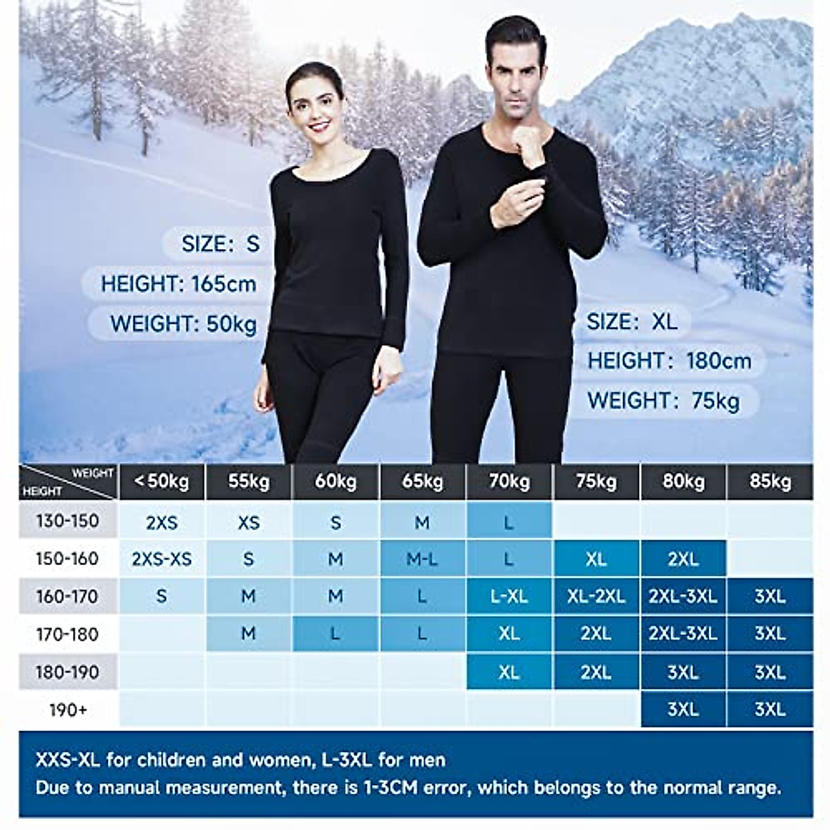 J JINPEI Heated Thermal Underwear for Men Women, Heated Long Underwear Johns Base Layer Sets (L) Black