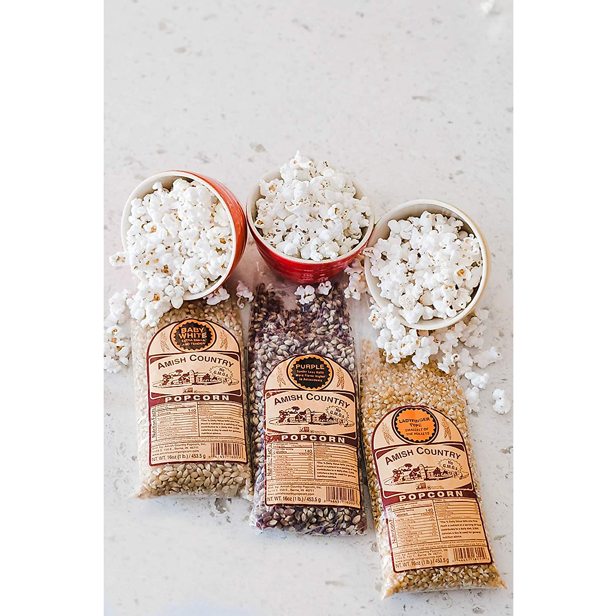 Amish Country Popcorn | 3-1 lb Bags | 1 lb Baby White, 1 lb Ladyfinger, and 1 lb Purple Popcorn Kernels Variety Pack | Old Fashioned, Non-GMO and Gluten Free (3-1 lb Bags)