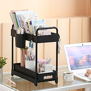 Botion 2 Pack Double-Layer Under Sink Organizer for Efficiently Utilizing Space, High Capacity and Space Saving, 2 Tier Sliding Under Sink Shelf with 4 Hooks and a Cup Slot(Black)