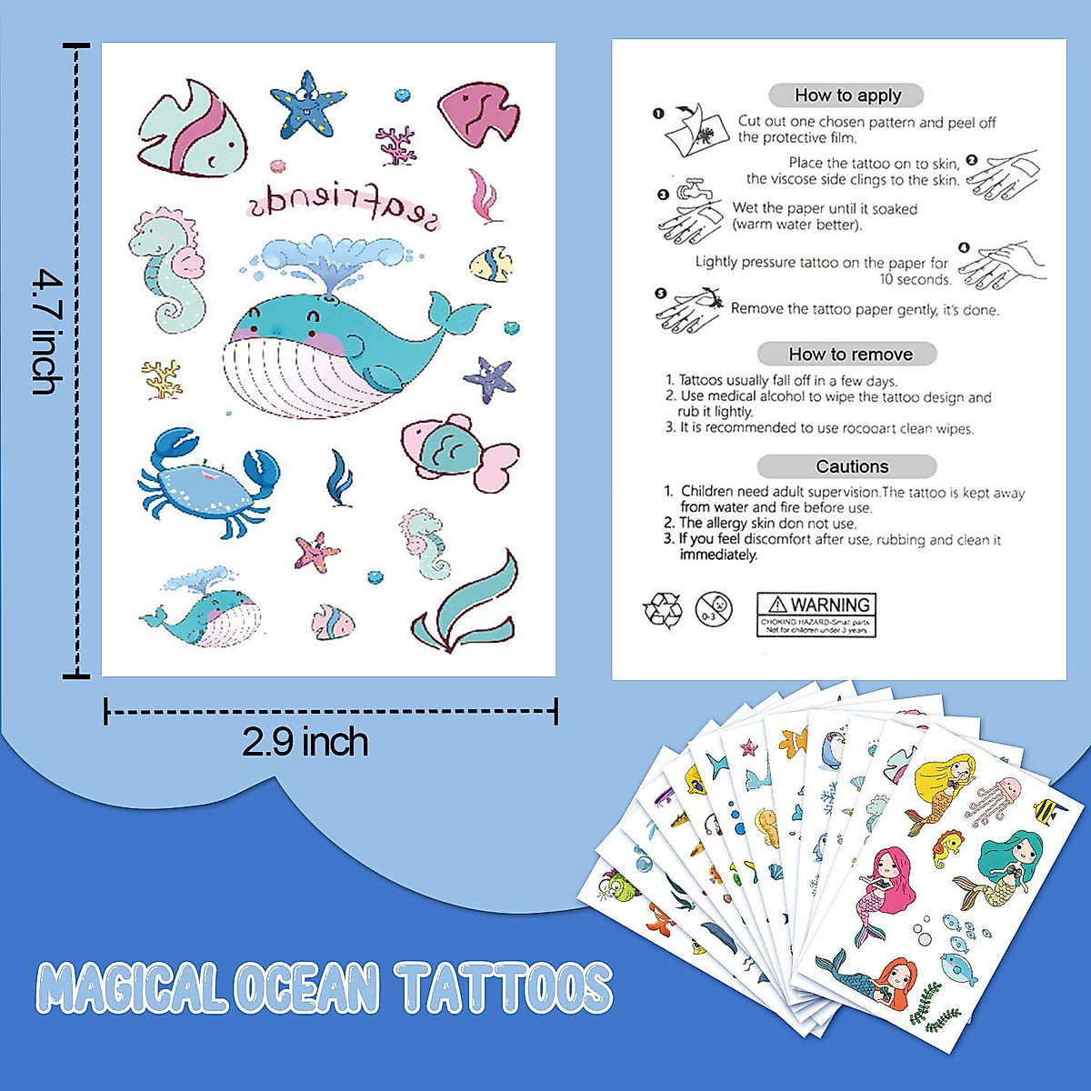 200 PCS Ocean Theme Temporary Tattoos for Kids, Beach Pool Under Sea Decorations Birthday Party Supplies Favors, Fake Tattoos Stickers With Mermaid Shark Tropical Fish Whale for Boys and Girls