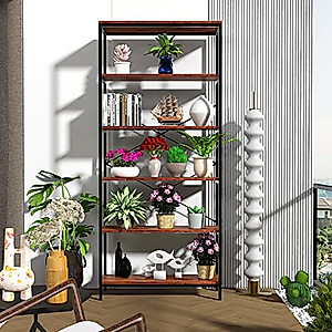 6 Tier Industrial Bookshelf, 71" Tall Open Bookcase, Rustic Wood Organizer Shelves on Metal Frame, Multi-Functional Storage Shelf Rack for Bedroom Living Room Garage Office Basement