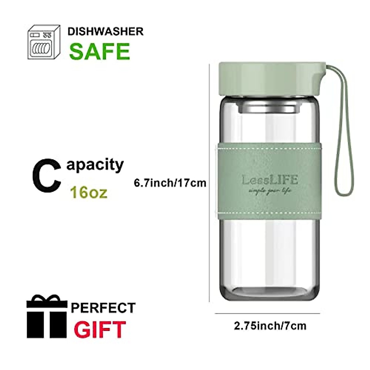 16 oz borosilicate glass water bottle-with sealing cap and Holsters and filters Glass Tea Infuser Bottle- BPA free,Apply to Mountaineering,Go To School,Reusable Portable Glass Bottle (Green)