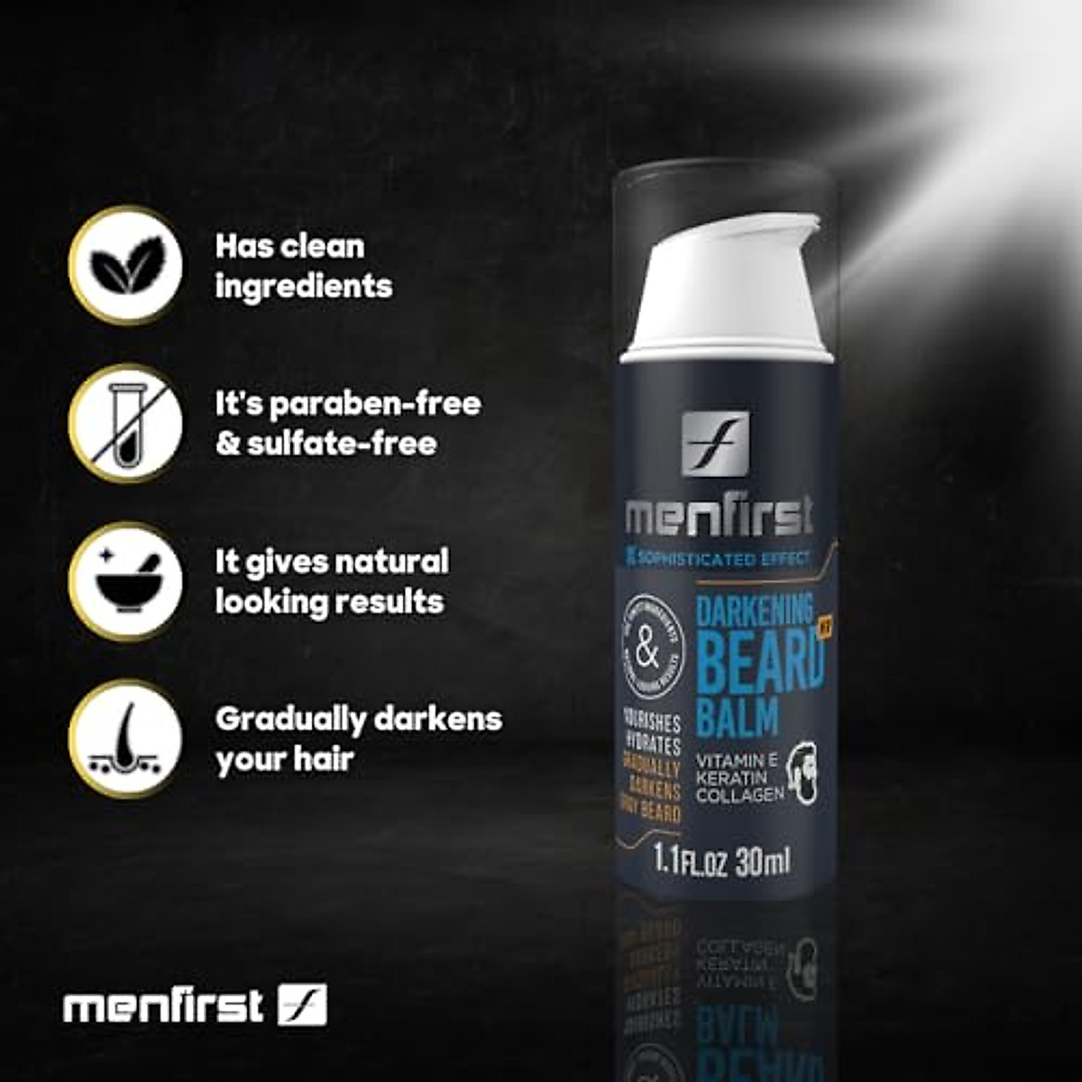 MENFIRST - Gray Darkening Beard Balm - Leave-in Conditioner - Works on Sensitive Skin - Gradually Reduces White or Gray hair Infused with Keratine, Collagen and Vitamin E. - Natural Looking Results