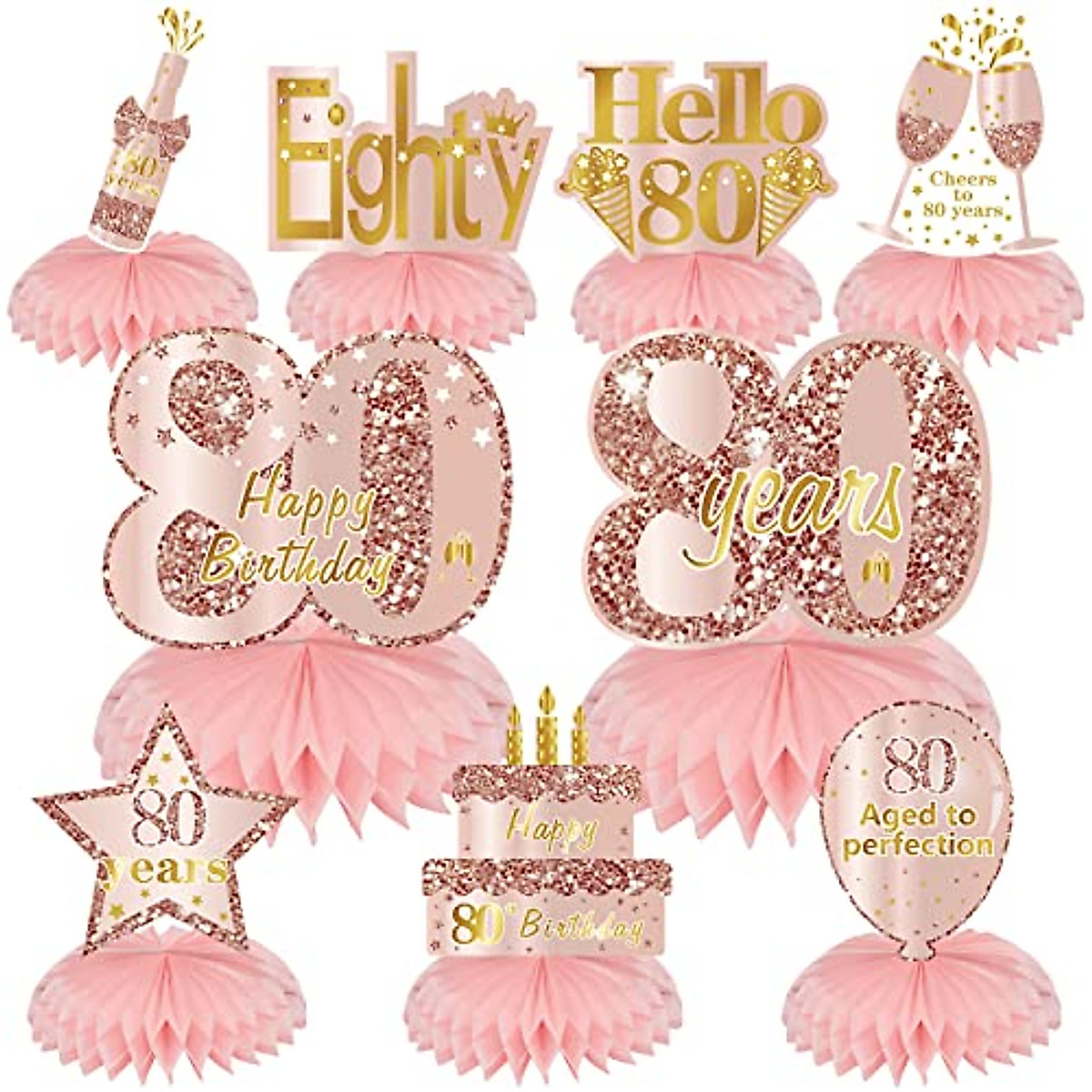 Pink Rose Gold 80th Birthday Honeycomb Centerpieces Decorations for Women, 9Pcs Rose Gold Happy 80th Birthday Table Centerpieces Party Supplies, Eightieth Year Old Birthday Table Toppers Sign Decor