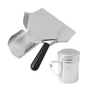 CNQLIS Popcorn Scoop and Salt Shaker, Stainless Steel Popcorn Scooper French Fry Scoop Serving Spoon for Filling Foods into Bags Boxs, Home Theater Popcorn Machine Accessories