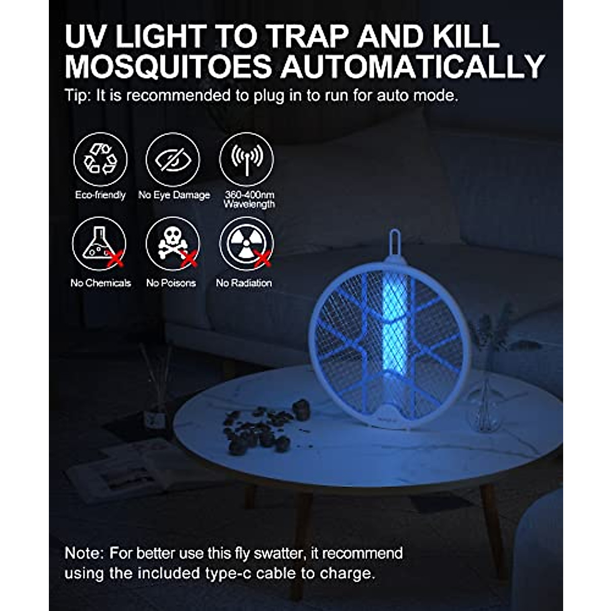 MOSQZAP Electric Fly Swatter, Foldable Bug Zapper Racket, 3,500Volt Mosquito Killer Electronic Fly Zapper w/Purple Light Attractant for Home Indoor Outdoor, Large Size, White