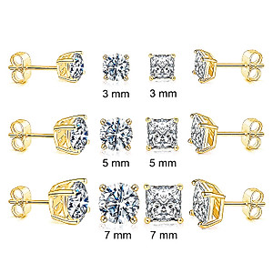 14K Gold Plated Round Princess Cut Clear Cubic Zirconia Hypoallergenic Stud Earring Set for Men Women 6 Pairs