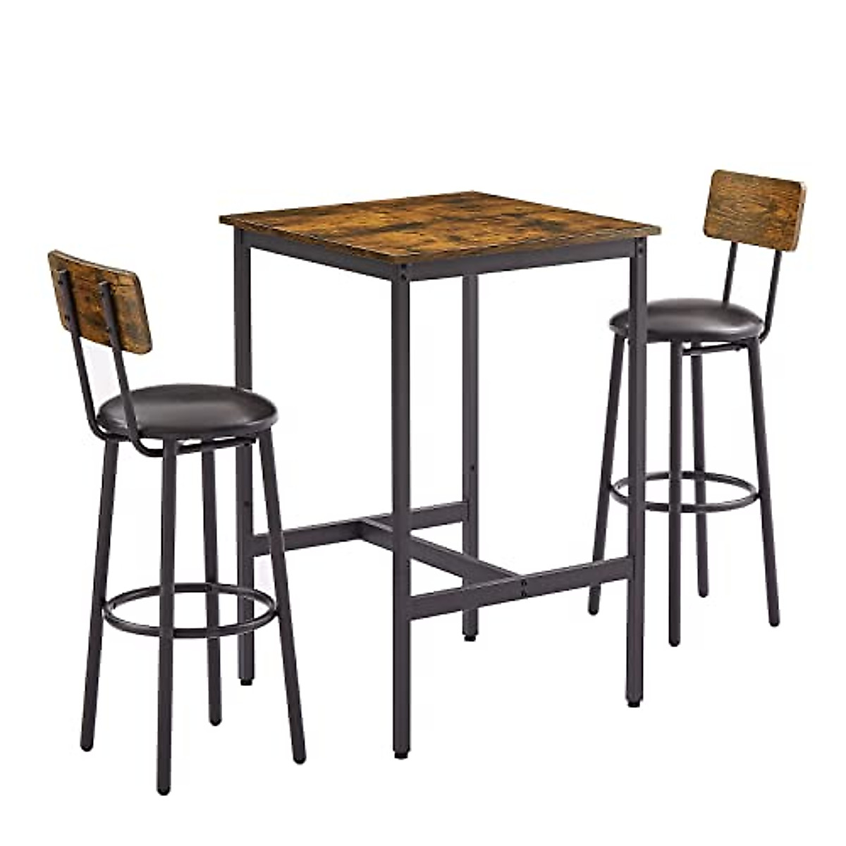 KIVENJAJA Bar Table and Chairs Set for 2, 3-Piece Small Square Pub Bistro Table and Upholstered Stools with Backrest, Counter Height Dining Table Set for Kitchen Small Space, Rustic Brown
