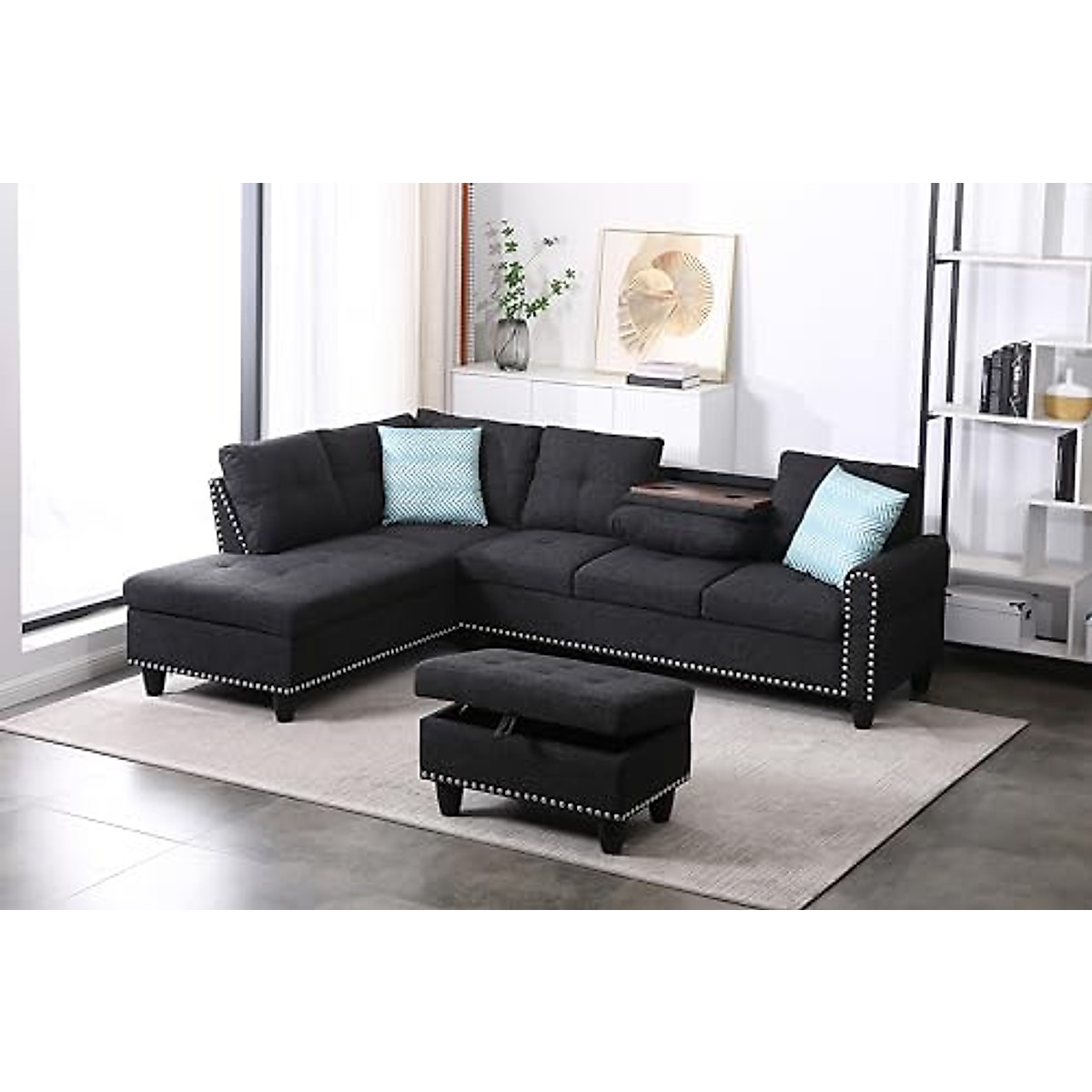 AYOUZ 98" L-Shape Linen Convertible Sectional Sofa Set with Left Facing Chaise & Ottoman, Modern Living Room Furniture-Set w/Storage for Home, Office, Apartment
