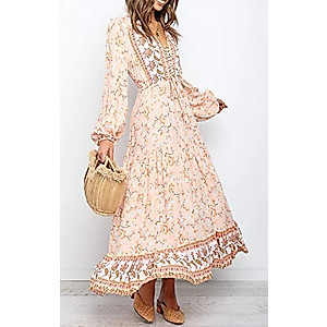 R.Vivimos Women's Long Sleeve Cotton V-Neck Button Up Floral Print Boho Flowy Midi Dresses (Medium, Peach)