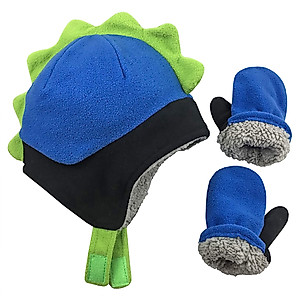 N'Ice Caps Toddler Baby Hat Mitten Set Boys Dino Fleece Gloves Warm Sherpa Lined (4-7 Years, Black/Royal/Neon Green Dino)