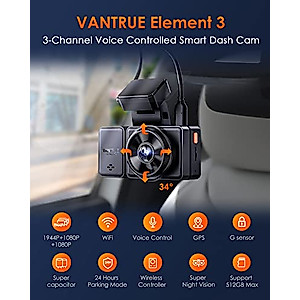 Bundle: Vantrue E3 3 Channel WiFi Dash Cam with GPS Speed+Type C Hardwire kit