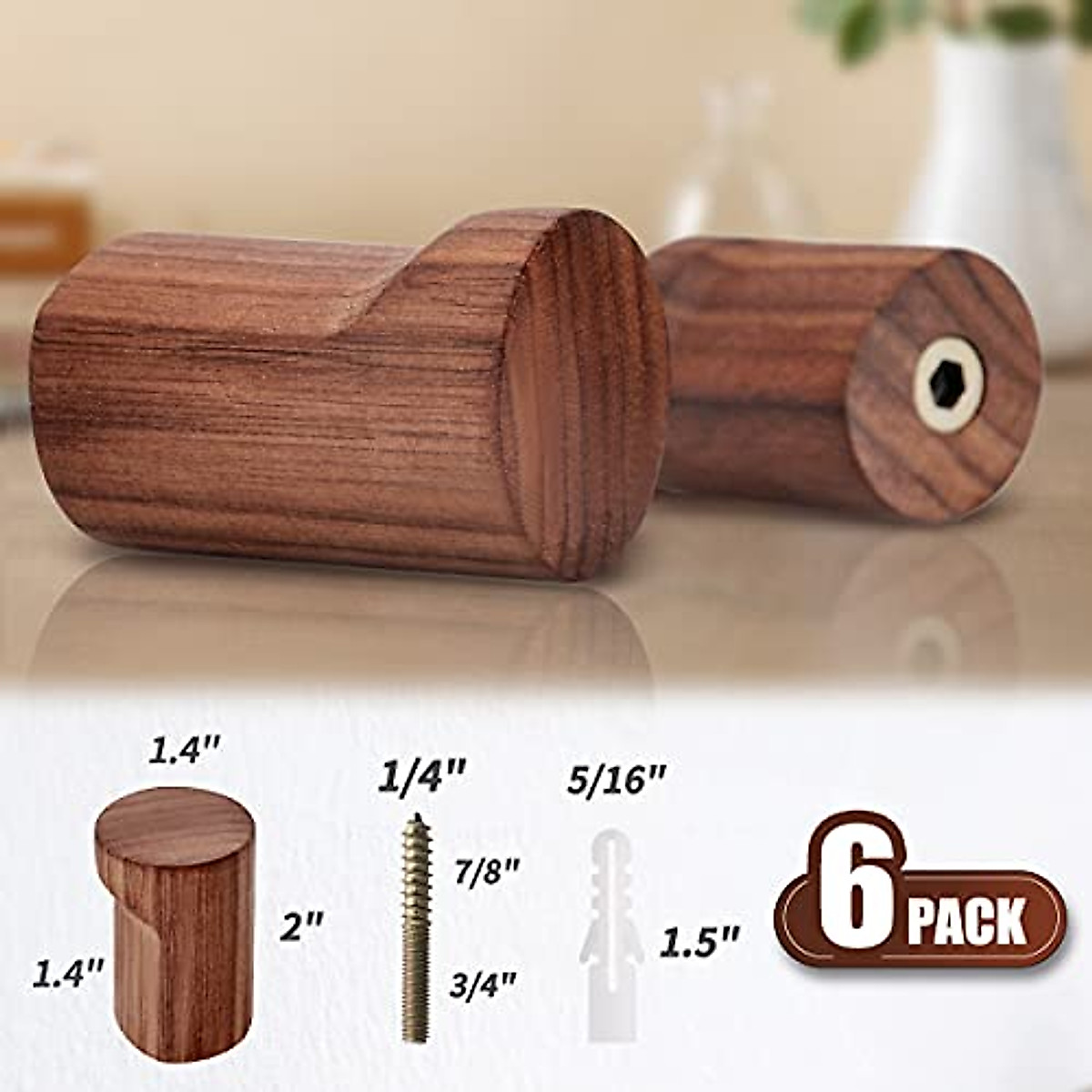 COCOYA Natural Wood Wall Hooks, 6Pack Minimalist Hat Hanger Easy Install Wall Mount Wooden Peg Knob Walnut Cute Simple Modern Small Room Decor, for Hanging Coat Towel Cap Bag Purses Jacket Backpack