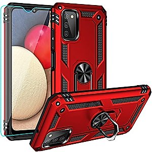 YZOK for Samsung Galaxy A03S Case,Galaxy A03S Case with HD Screen Protector,[Military Grade] Ring Car Mount Kickstand Hybrid Hard PC Soft TPU Shockproof Protective Case for Samsung A03S (Red)