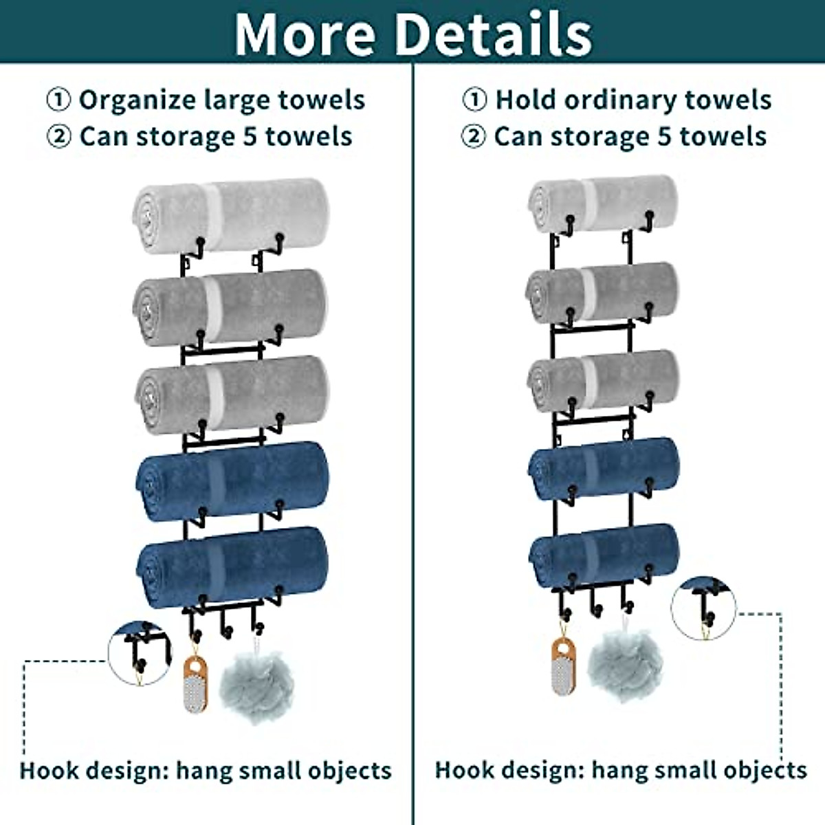 AITEE Towel Rack Wall Mounted, Towel Rack Holder Organizer with Hooks for Hanging Bath Balls, Towel Shelf Holder Storage with 6 Compartments for Bathroom Hand Towels, Washcloths