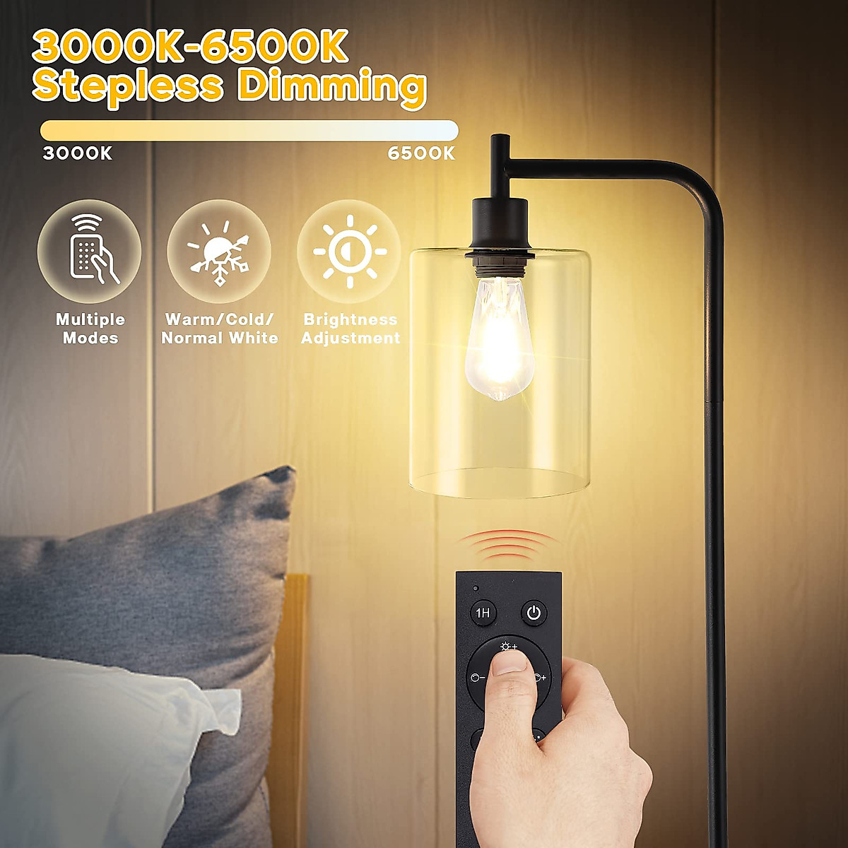 Litake Industrial Floor Lamp, Dimmable Modern Standing Lamp with Clear Glass Shade, Black Tall Lamp with Remote & Foot Control, LED Bright Corner Lamp with 6W Bulb for Living Room Bedroom Office