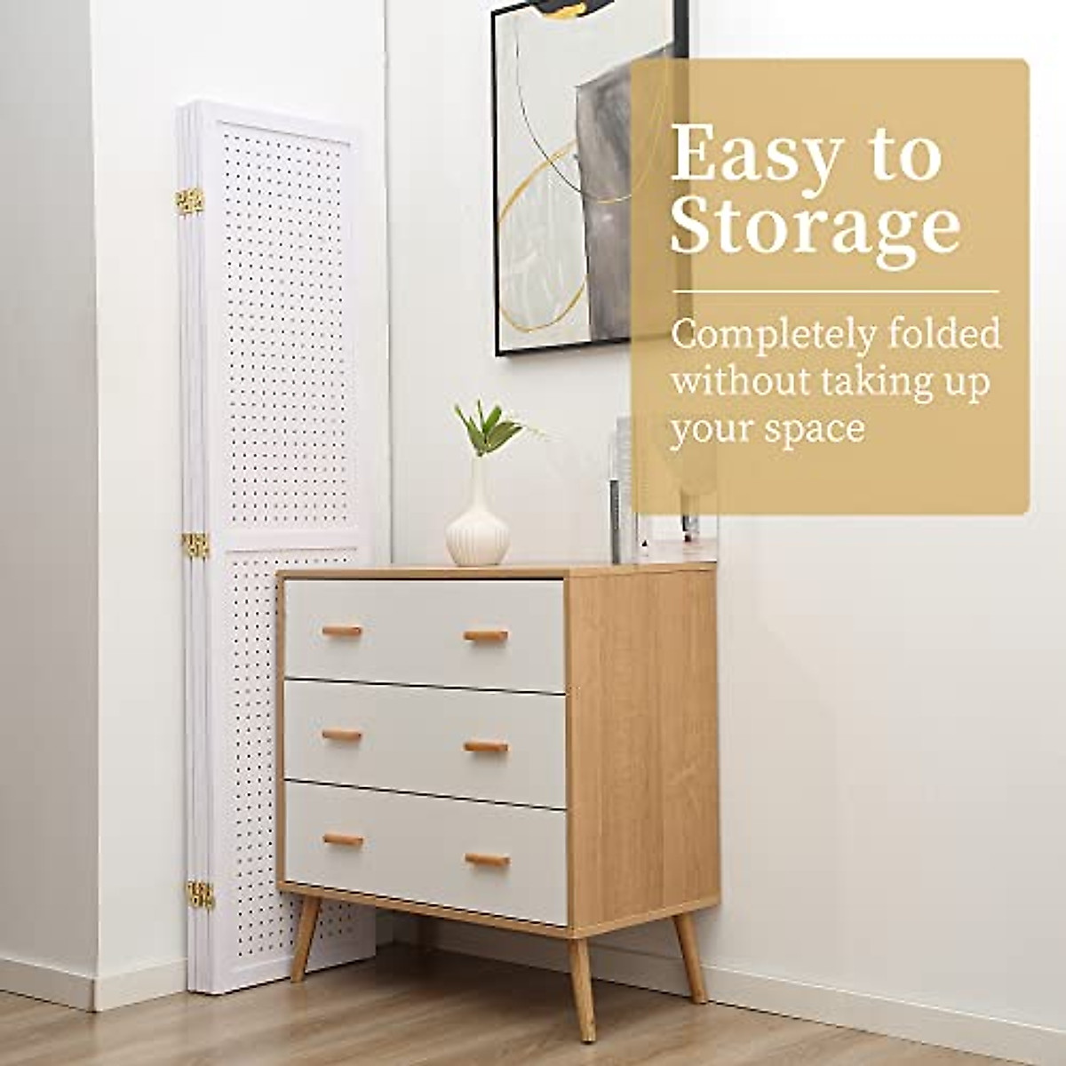 DURASPACE 4 Panel Room Divider 5.6 FT Pegboard Display Folding Wood Privacy Screen Pegboard Stand Organizer for Jewelry, Craft, Cloth, Art Display (White)