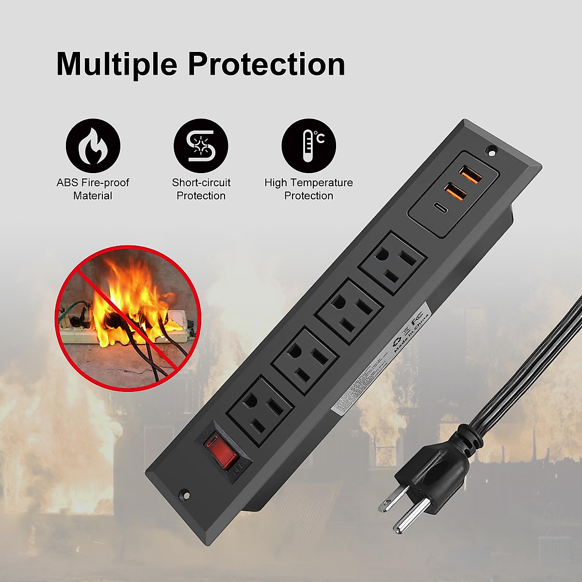 Recessed Power Strip with Type C 20W PD Fast Charge Desk Power Outlet 4 Outlets 2 USB and 1 USB C Built in Furniture Extension Power Plug for Dorm Office (Black)