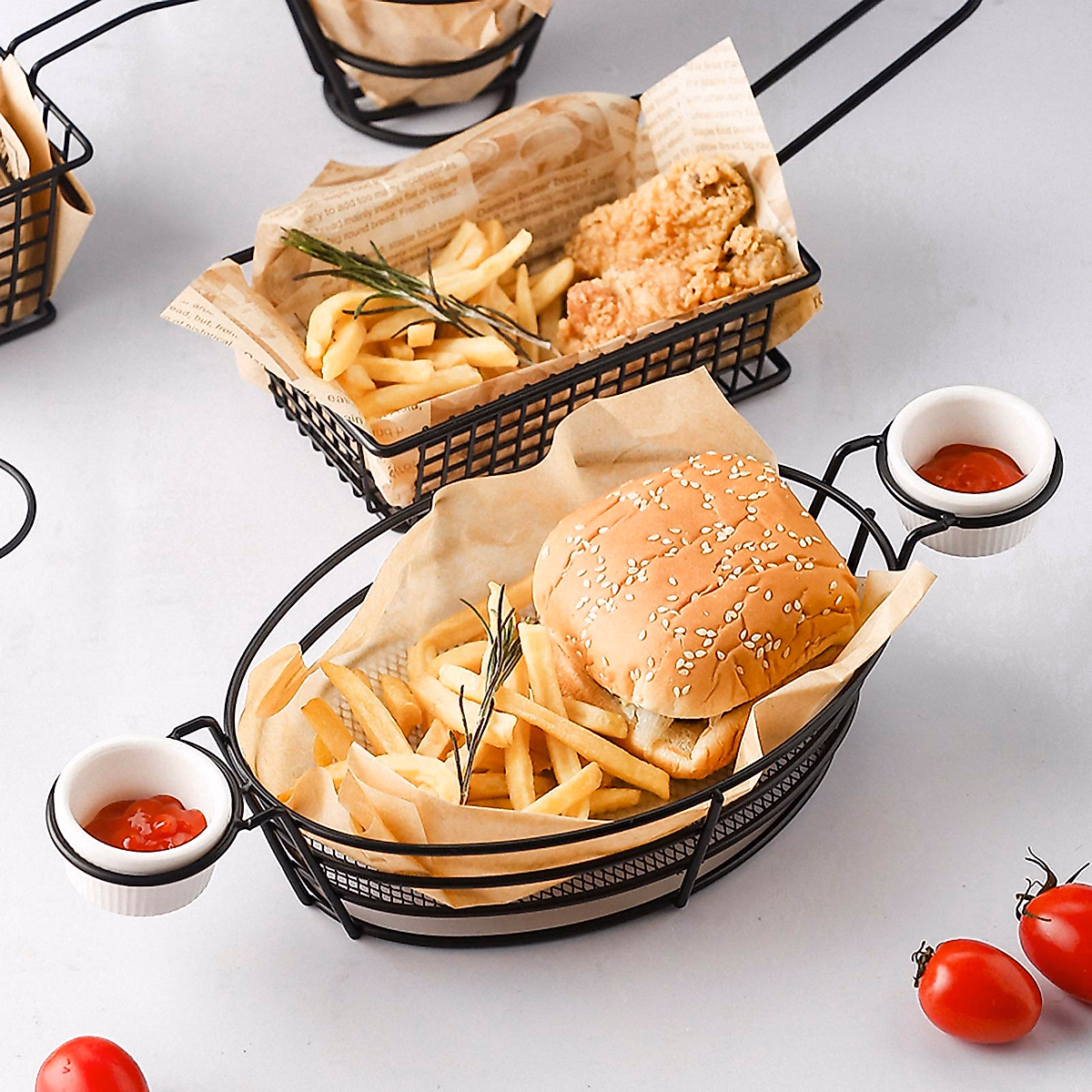 Cabilock Stainless Fried Chicken Display Rack Steel French Fries Basket Food Frying Basket French Fries Container Snack Serving Plate with 2 Dipping Fry Basket Cup Fried Chicken Basket (Black)