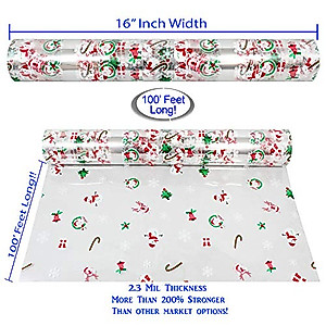 AnapoliZ Christmas Cellophane Wrap Roll | 100’ Ft. Long X 16” in. Wide | 2.3 Mil Thick, Crystal Clear with Christmas Designs| Gifts, Baskets, Treats, Cello Wrapping Paper | Santa, Snowman Cello Roll