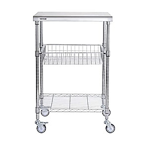 VEVOR Kitchen Utility Cart, 3 Tiers, Wire Rolling Cart with 470LBS Capacity, Steel Service Cart on Wheels, Metal Storage Trolley with 76mm Basket Curved Handle PP Liner 6 Hooks, for Indoor and Outdoor