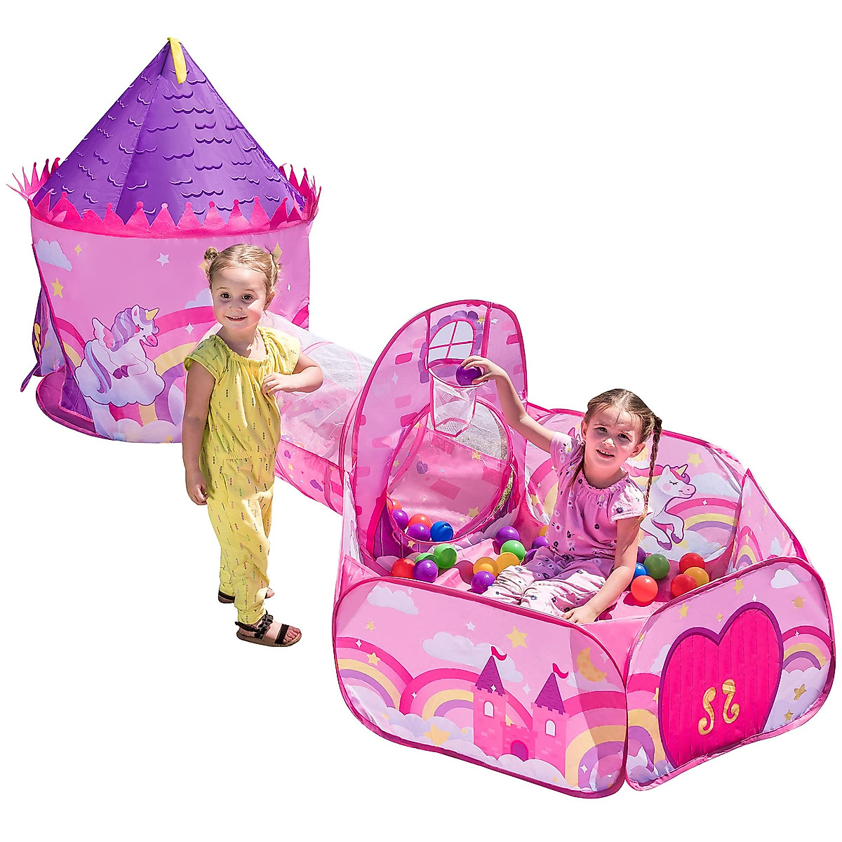 JOYIN Girls Unicorn Princess Pink Castle Play Tent with Pop Up Play Tent, Tunnel and Playhouse with Ball Pit Kids Indoor Outdoor Play Tent Set