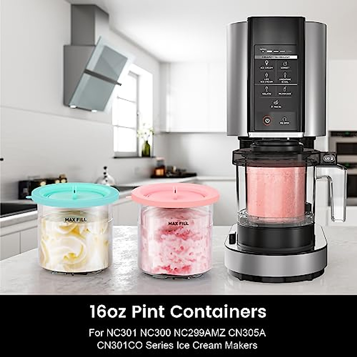 Kusamue Creami Pint Containers and Lids - 4 pack with Handle Replacement for Ninja Creami NC301 NC300 NC299AMZ NC300s CN305A CN301CO C3201 Deluxe All Series, 16oz Cups Ice Cream Makers Kitchen
