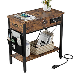 23 "End Table with Charging Station- Flip Top Narrow Side Tables With Storage Drawers/USB Ports/Outlets Sofa Couch Bedside Table Night Stand for Living Room,Bedroom (1, Vintage, 23.6"x23.6x12.6")