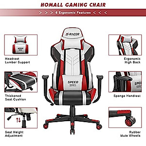 Homall Gaming Chair Racing Style High-Back PU Leather Office Chair Computer Desk Chair Executive and Ergonomic Swivel Chair with Headrest and Lumbar Support (White/Red)