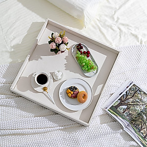 Hanobe Square Large Ottoman Tray: Extra Large White Serving Tray for Ottomans Big Leather Decorative Tray with Handles for Coffee Table Living Room 22" x 22"