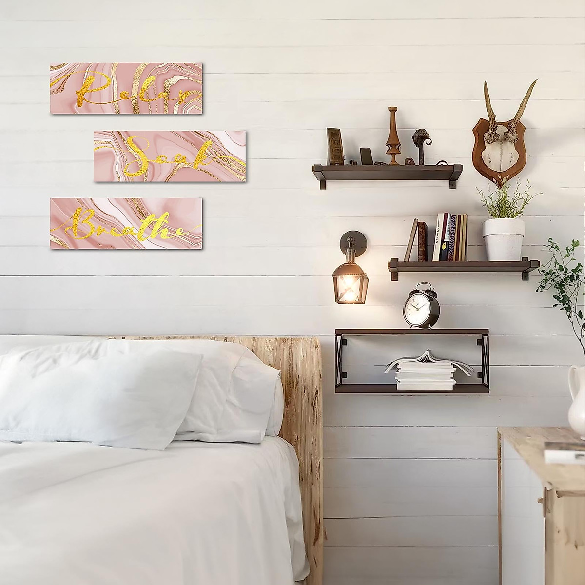 3 Pieces Funny Rustic Wooden Art Wall Hangings Relax Soak Breathe Pink Gold Marble Style Wood Signs 12 X 4 Inches for Home, Living Room, Bedroom, Yoga Room Wall Decor