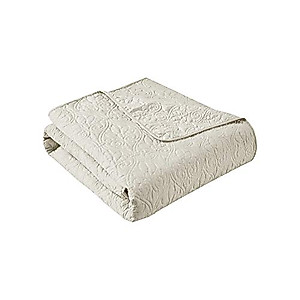 Madison Park Madison Park Luxe Quilted Throw Blanket - Damask Stitching Design, Cotton Filled Spread, Ultra Soft, Cozy Bedding for Living Room Couch, Sofa, Bed, 60x70", Piping Borders Ivory