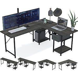 SZXKT L Shaped Desk with Drawers, Gaming Desk, Corner Computer Desk with Storage and Power Outlet,Reversible U Shaped Work Pc Desk for Home Office with Monitor Stand 2 Person Long Desk 56 Inch Gray