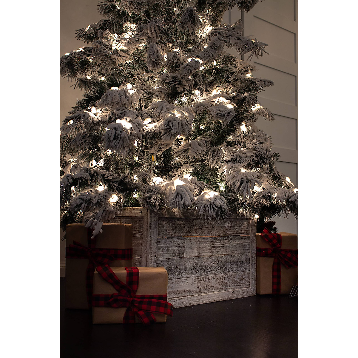 BarnwoodUSA Christmas Tree Collar or Box Made of Reclaimed Wood Rustic Skirt Replacement Blocks Kids & Pets, Adds Farmhouse Charm Natural, Hook-&-Loop Strip Panels, 30x22.5 in., Whitewash