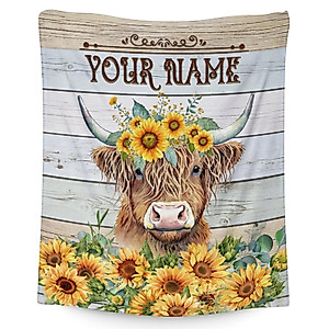 Personalized Blanket Gifts for Women Girls - 60x50 Inches Cute Highland Cow Throw Blanket for Kids Teens Adults - Yellow Soft Flannel Vintage Blankets for Bed Couch Travel
