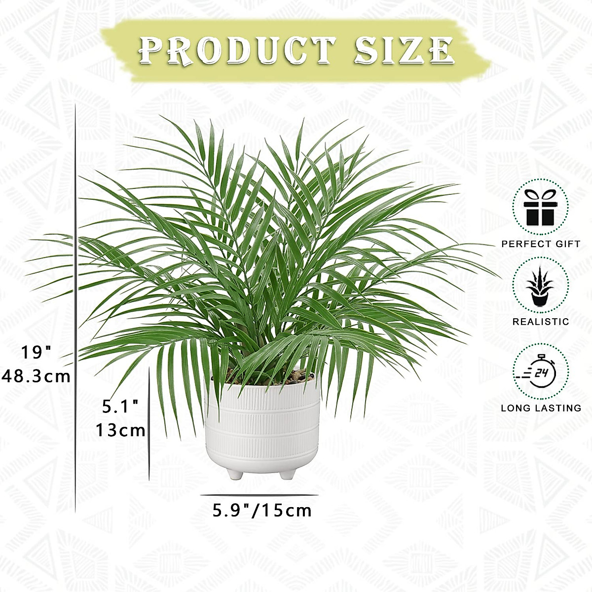 Hollyone Large Artificial Potted Plants Fake Palm Plants 19" Faux Green Plant Plastic Tropical Palm Tree in White Ceramic Pots Bohemian for Home Room Office House Indoor Decoration