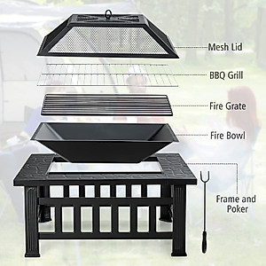 Giantex 32" Outdoor Fire Pit, 3 in 1 Square Wood Burning Fire Table, Multifunctional Firepit for Outside Patio Backyard Porch Garden, Bonfire Stove Fireplace with Rain Cover for Picnic, Camping