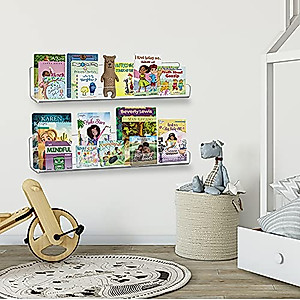ECOSEAO Kids Floating Bookshelves, Acrylic Wall-Mounted 13.7 inches 4 Pack, Clear Invisible Wall Bookshelves Ledge Book Shelf, 5MM Thicker with Free Screwdriver (13.7inch-4Packs)