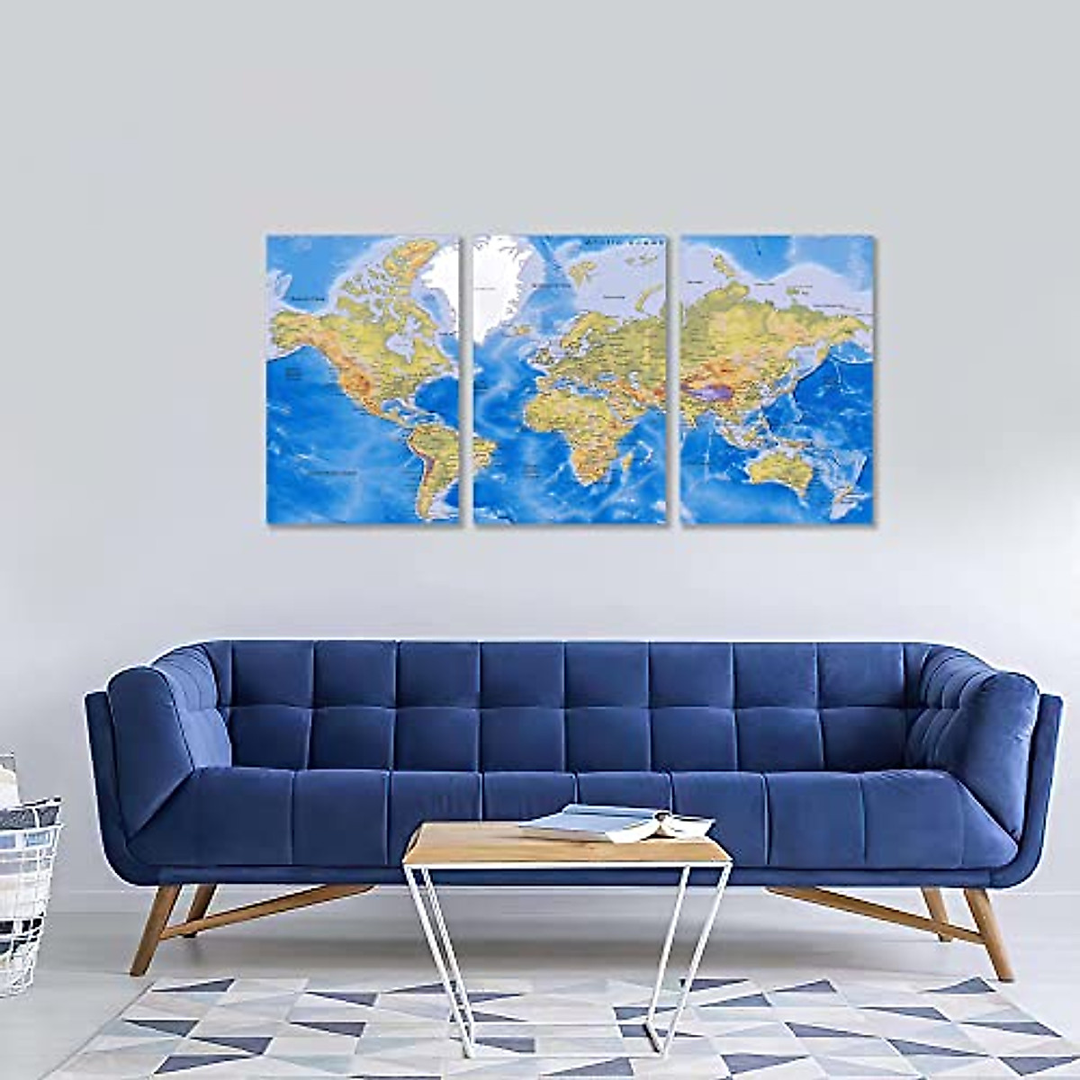 Blue World Map Wall Art Canvas Decor Poster for Office, Living Room, Home Bedroom Decoration 16"x24"x3 Pcs Framed