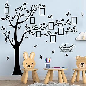 Large Family Photo Tree Wall Sticker 3D Peel and Stick Vinyl Photo Frame Tree Wall Decals Removable Quotes Leaf and Birds Wall Decor for Home Kids Bedroom Living Room Classroom Nursery (Right, Black)