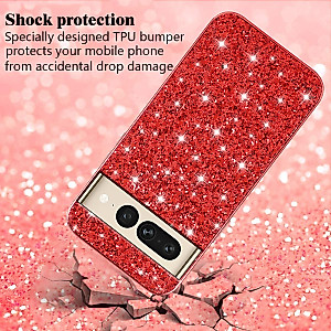 Compatible with Google Pixel 7 Pro Case Glitter Shockproof,Google Pixel 7 Pro Phone Case Bling Sparkly Soft TPU and PC Silicone Shiny Girl Women Thin Protective Cover (Red)