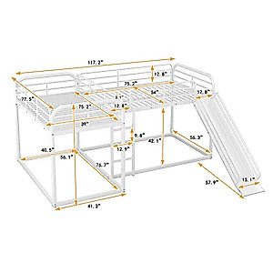 L-Shaped Bunk Bed for 4 Kids, Full and Twin Bunk Bed Frame with Slide, Short Ladder and Full-Length Guardrail, 4 in 1 Home Furniture Bedframe,Space Saving Design & No Box Spring Needed (White)