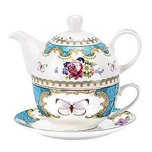 fanquare English Porcelain Tea for One Set, Floral Teapot with Cup, Blue Tea Cup and Saucer Set
