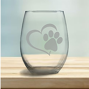 Heart with Paw Print Etched Stemless Wine Glasses - Set of 2/4/6/8-20.5oz Glassware (Set of Four (4))