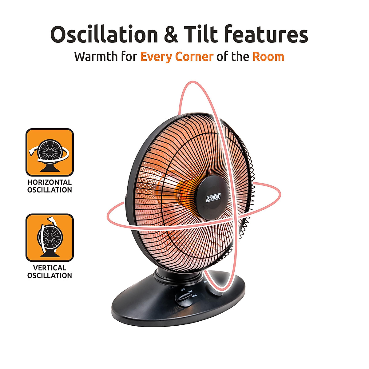 EZ-HEAT 1,000-Watt Indoor Parabolic Dish Space Heater with 70-degree Wide Oscillation and Dual Heat Settings, Adjustable Tilt, Tip Over Switch & Overheat Protection Sensor, MT-BFGD-8C