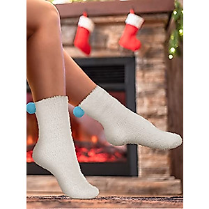 6 Pairs Women Pom Pom Socks with Balls Fuzzy Fluffy Socks for Women Winter Slipper Socks Crew Socks Stocking Stuffer Gifts (White)