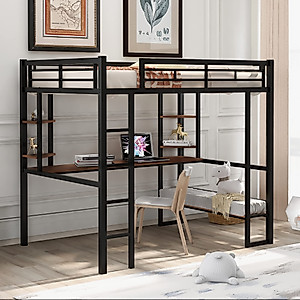 Harper & Bright Designs Metal Full Size Loft Bed Frame, Loft Bed Full with Long Desk and Shelves, Space Saving Full Loft Bed with Desk Underneath for Kids,Teens,Girls,Boys,Black