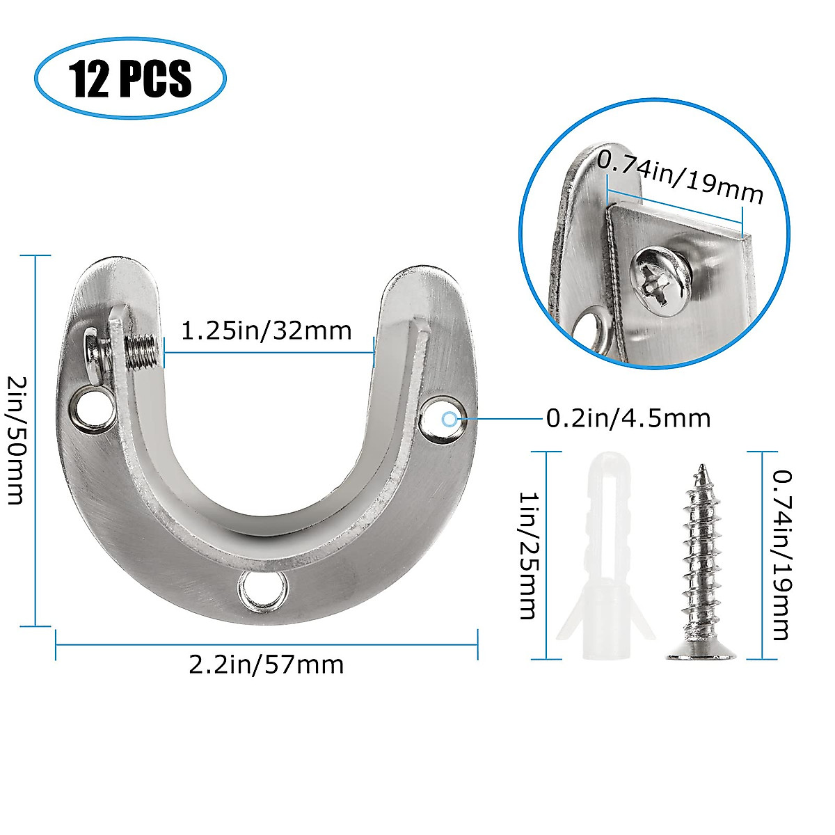 12 PCS Stainless Steel Closet Rod Brackets, 1-1/4 Inch Dia Heavy Duty Socket Flange Rod Holder, Shower Curtain Rod Pole End Supports, Open Type Wardrobe Bracket Holder with Screws U-Shaped, Silver