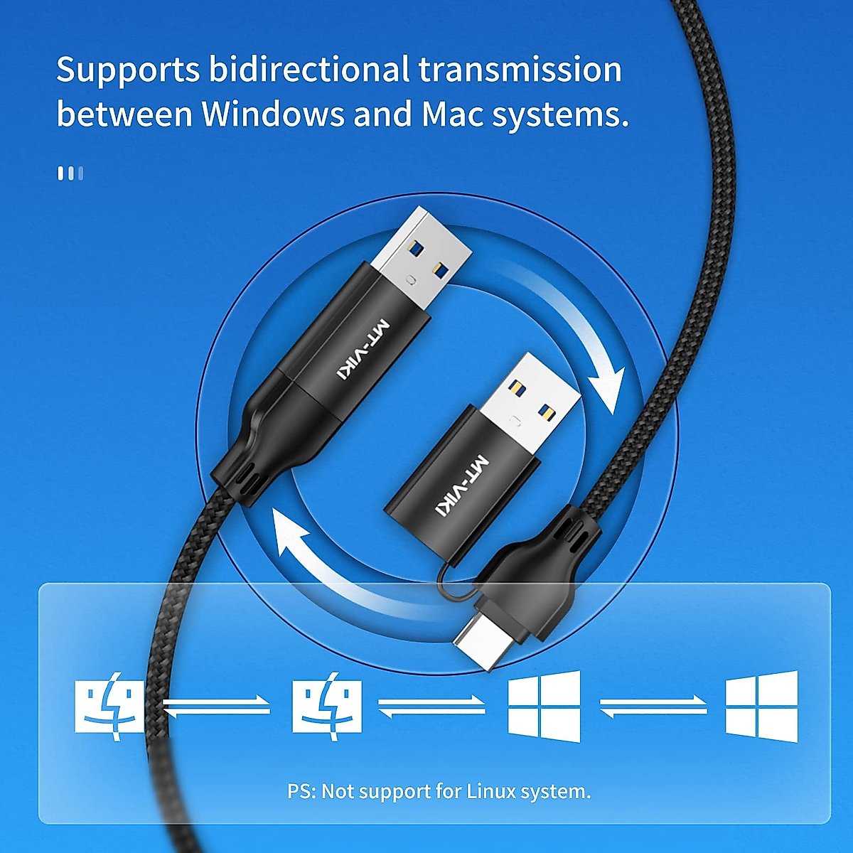 MT-VIKI USB 3.0 + Type C Transfer Cable Synchronizer, Two Computer Mutual Data Transfer Cable High-Speed USB 3.0 Transfer Cable Support Thunderbolt 3 4 5 Gbps